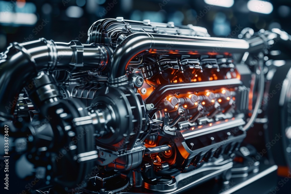 Engineer designing modern car engine, section view illustration with ...