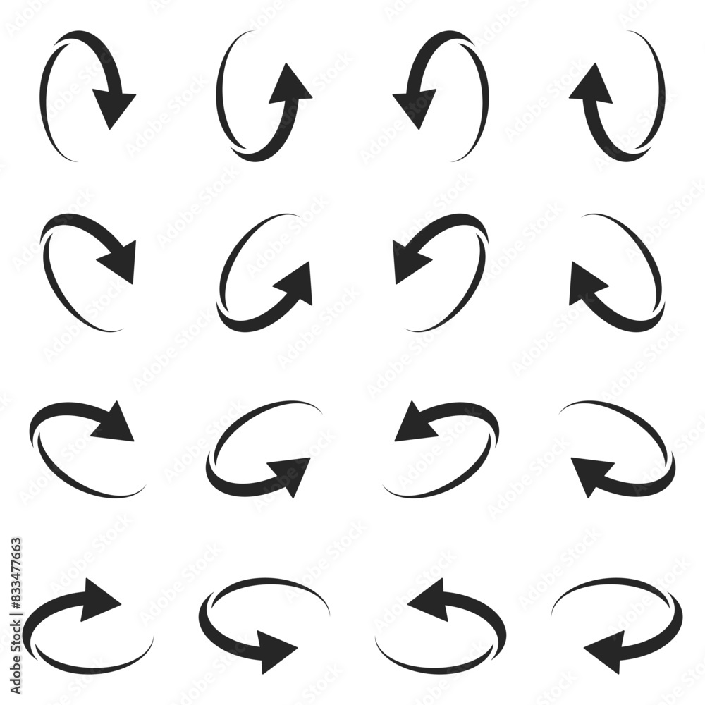 Collection of black flat loop circle arrows isolated on a white ...