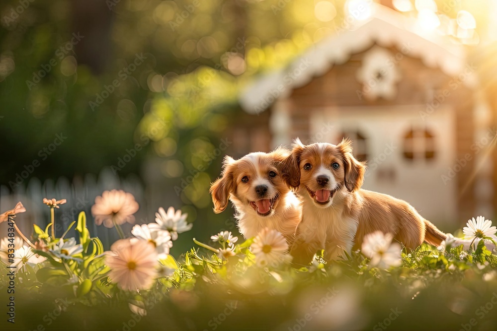 Two happy puppies playing in a sunny garden with flowers and a small ...