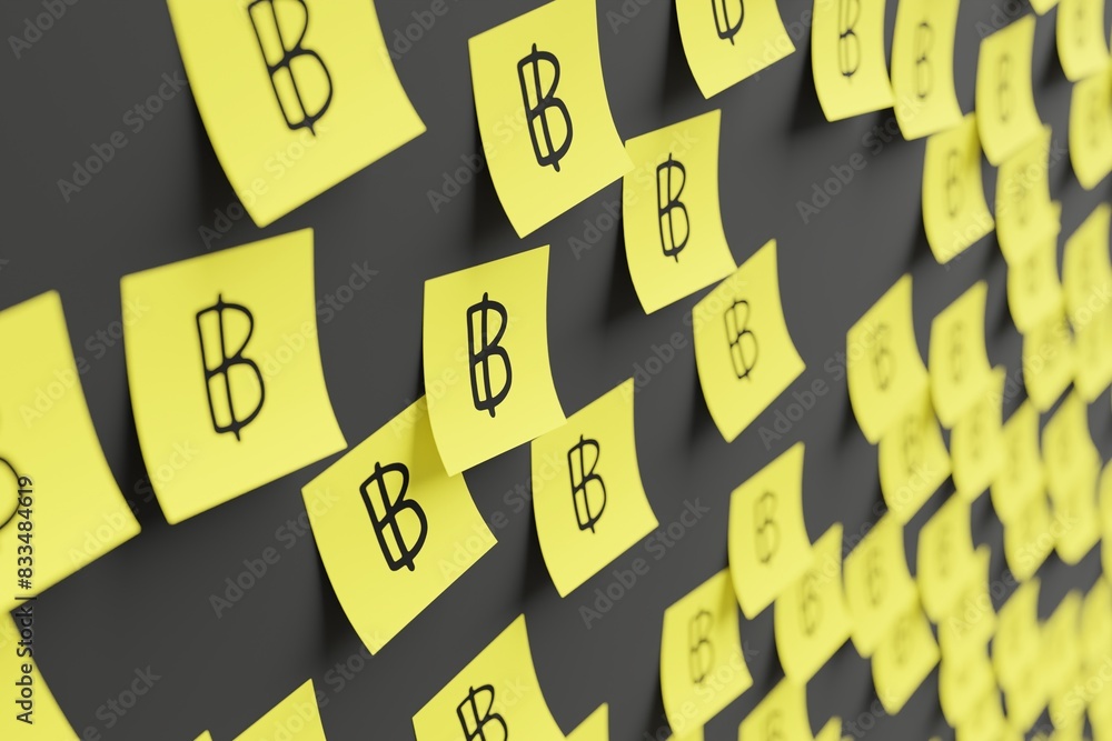 Many yellow stickers on black board background with symbol of Thailand ...