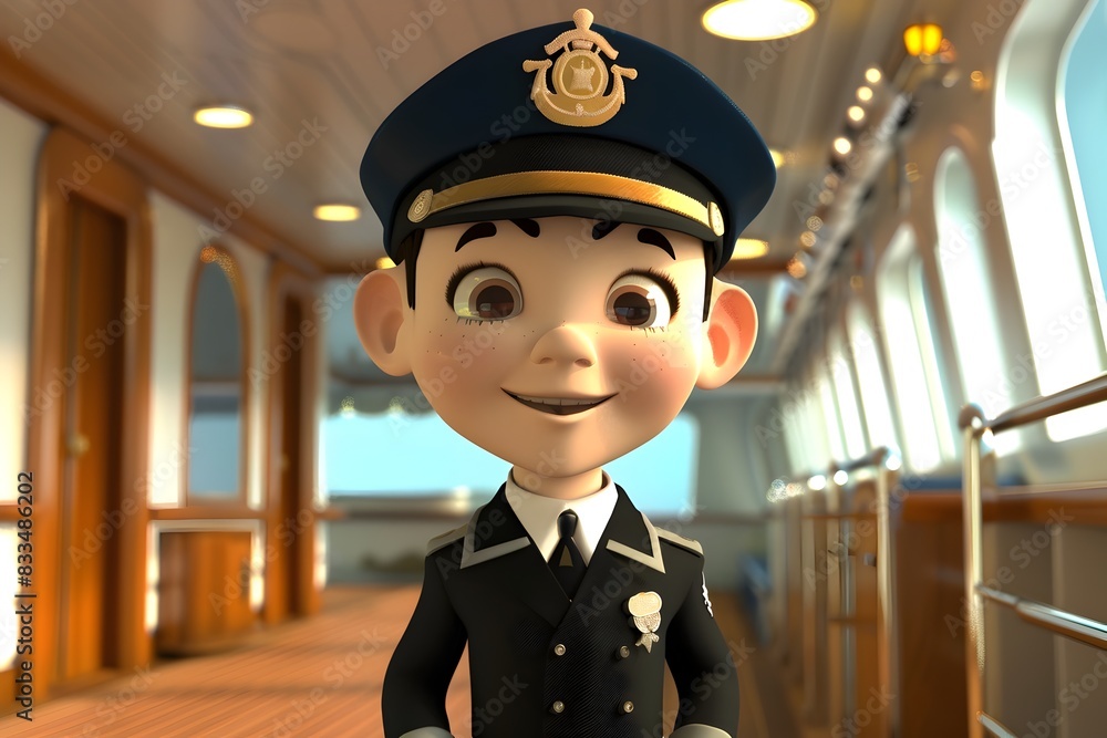 Proud 3D Cartoon Kid in Cruise Ship Captain Uniform Aspiring to ...