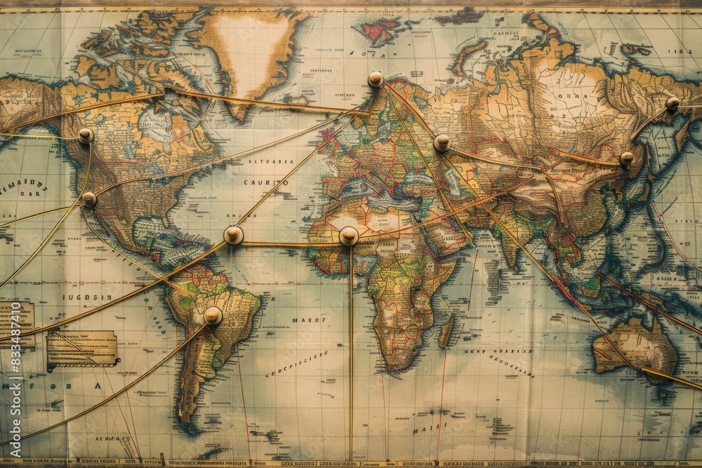 A detailed map showing major global shipping routes, with pins marking ...