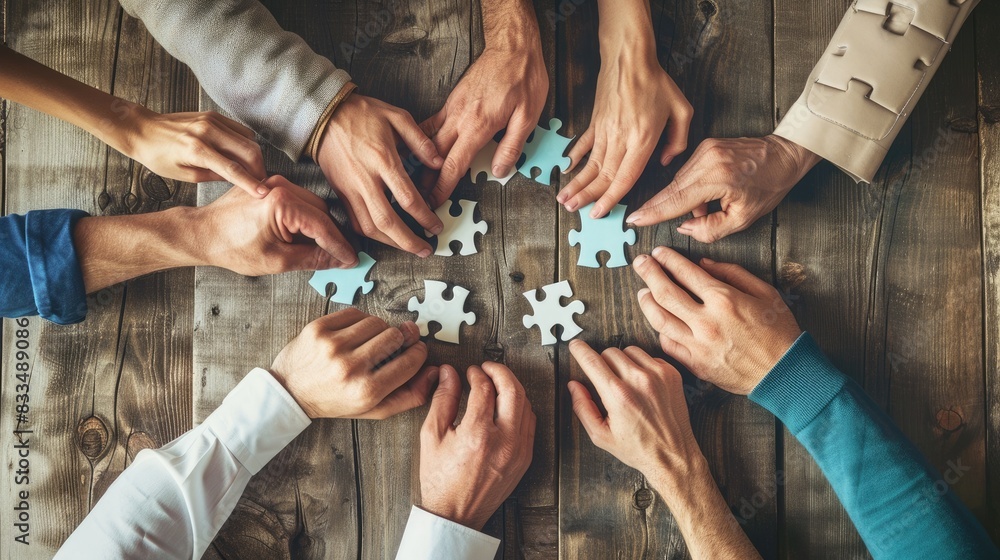 A group of diverse people of all ages are shown working together to put ...