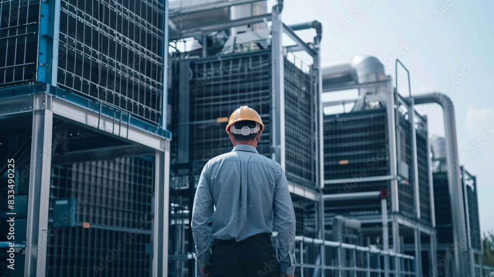 Engineer Inspecting Industrial Cooling Tower Air Conditioner And Water ...