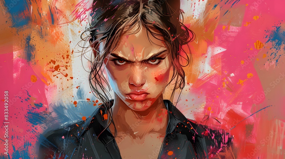 Portrait of a woman with a stern expression on her face. She has brown ...