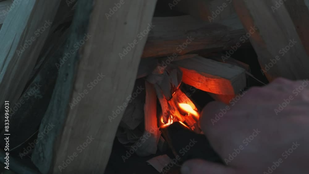 Step-by-step guide on lighting a campfire using kindling and lighter ...