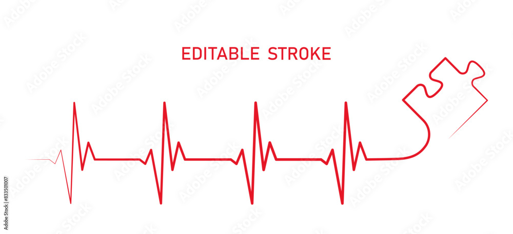 Editable lines heart rhythm illustration with puzzle piece, heartbeat ...