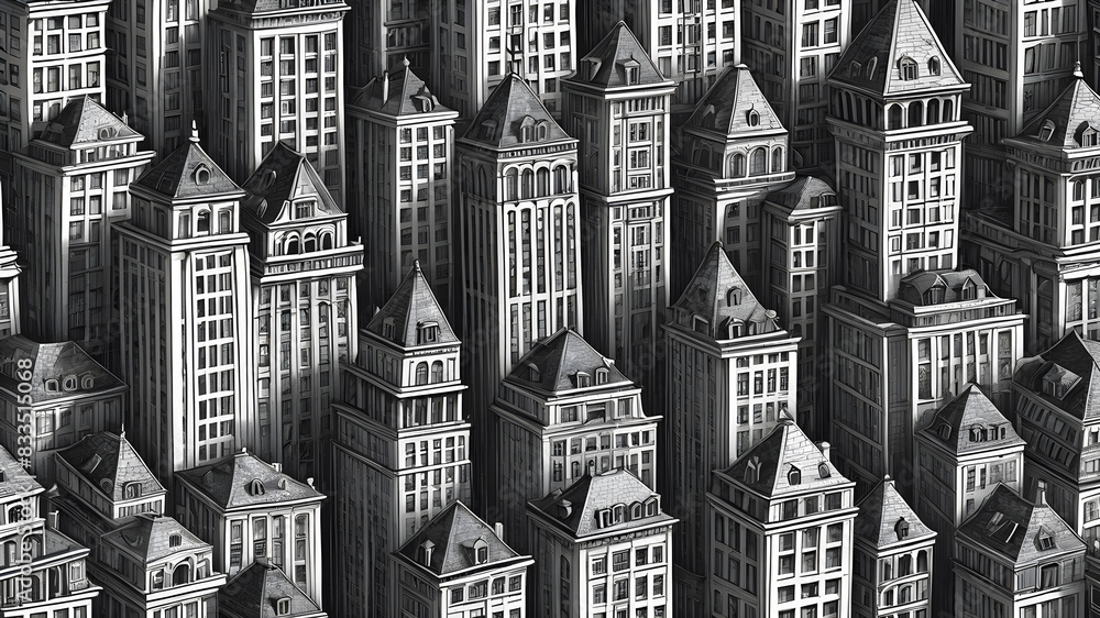 City Seamless Pattern is hand drawing of different building typologies ...