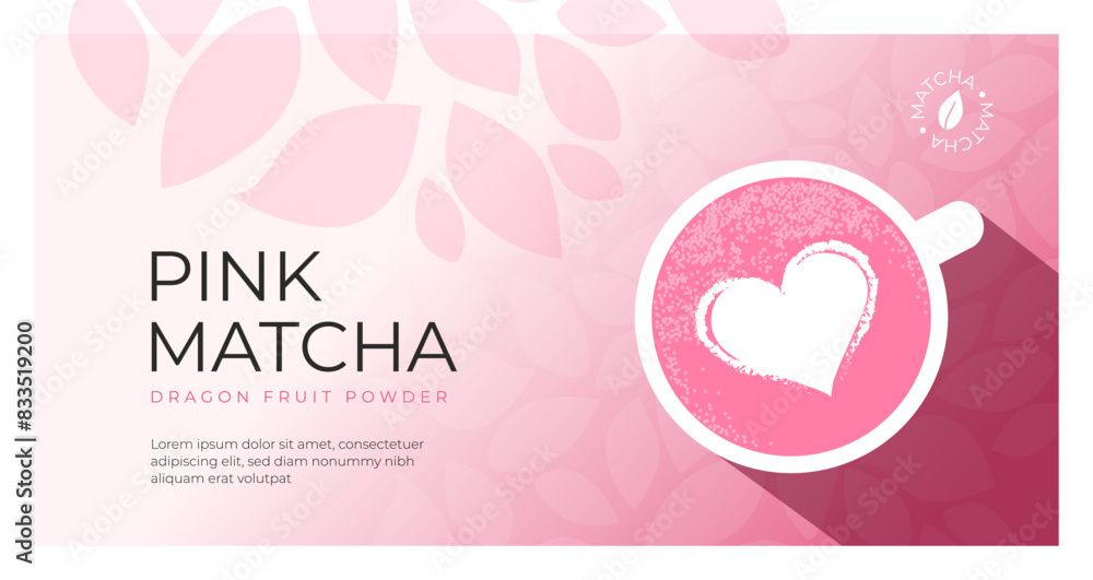 Layout template cup of pink matcha latte. Top view vector illustration ...