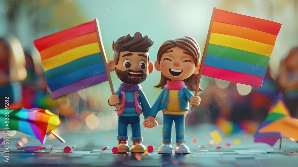 Cartoon couple holding rainbow flags and smiling. happy and celebratory ...
