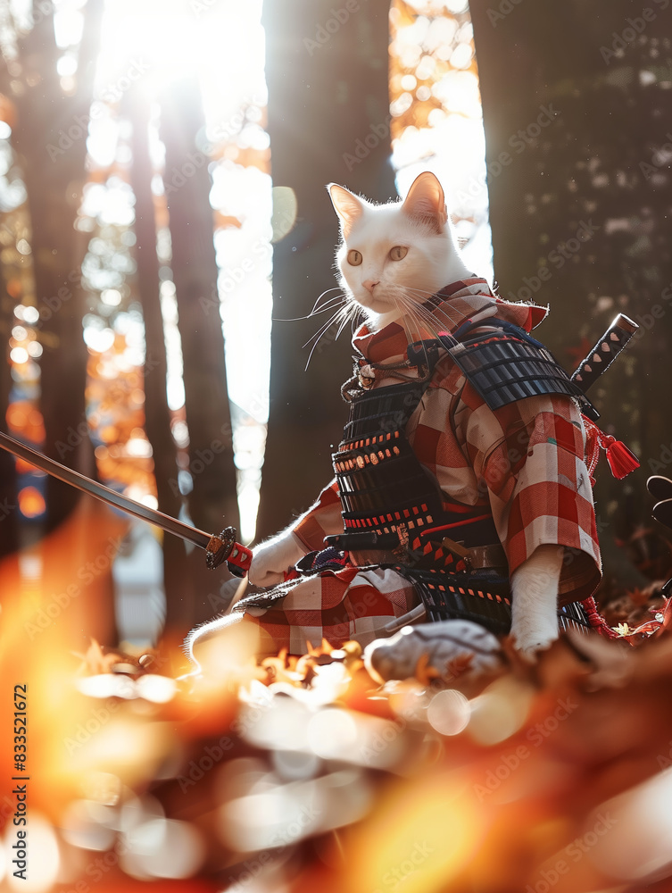White cat dressed as a samurai, with traditional armor and a sword ...