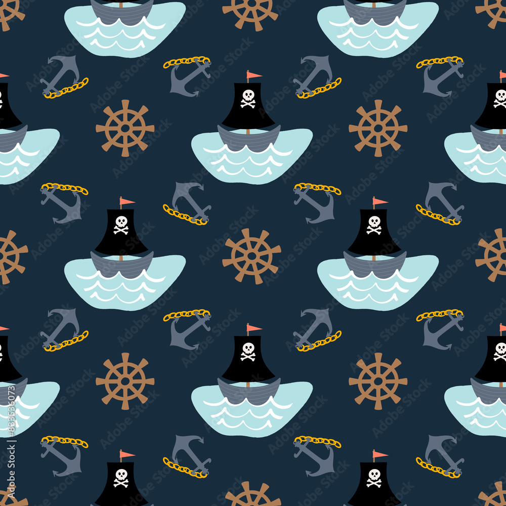 Seamless pirates illustration pattern. Sea background with steering ...