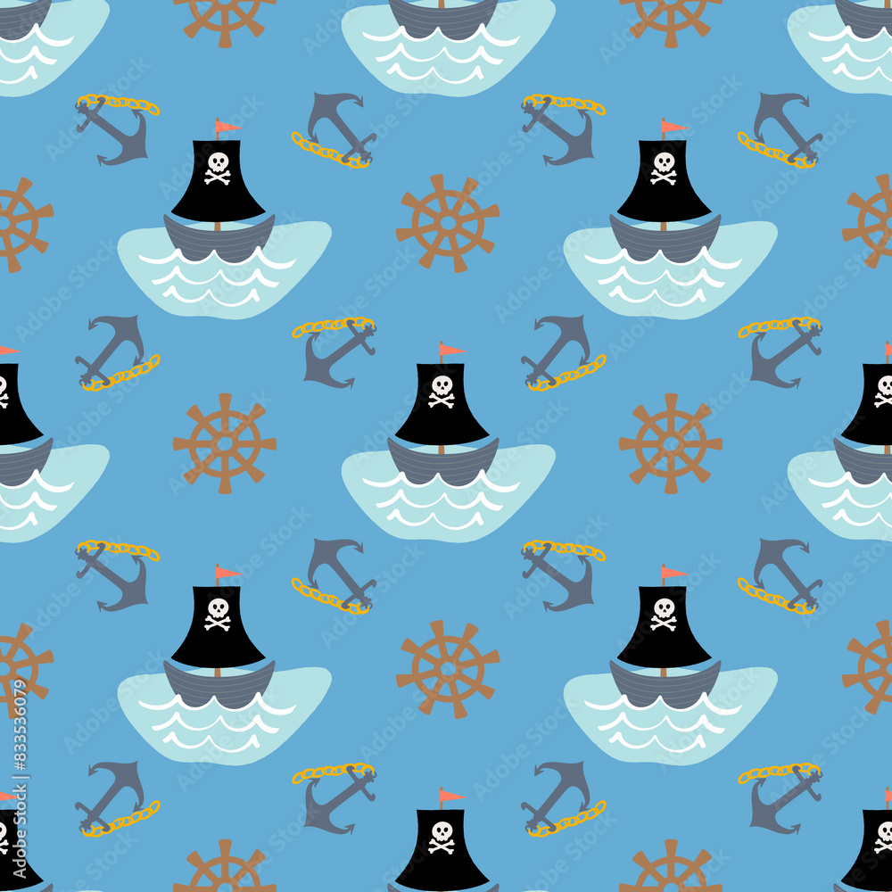 Seamless pirates illustration pattern. Sea background with steering ...
