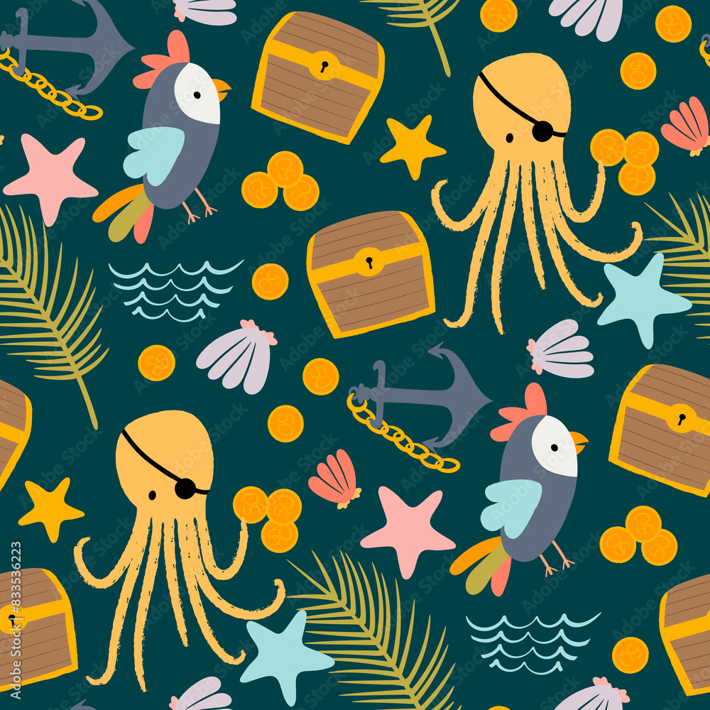 Seamless pattern for nursery. Treasure chest, octopus, palm leaf ...
