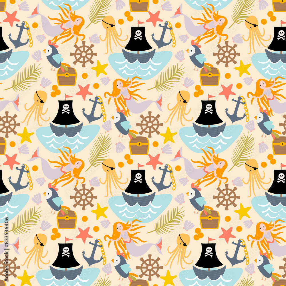 Seamless pirate pattern. Cartoon sea robbers repeated objects: ship ...