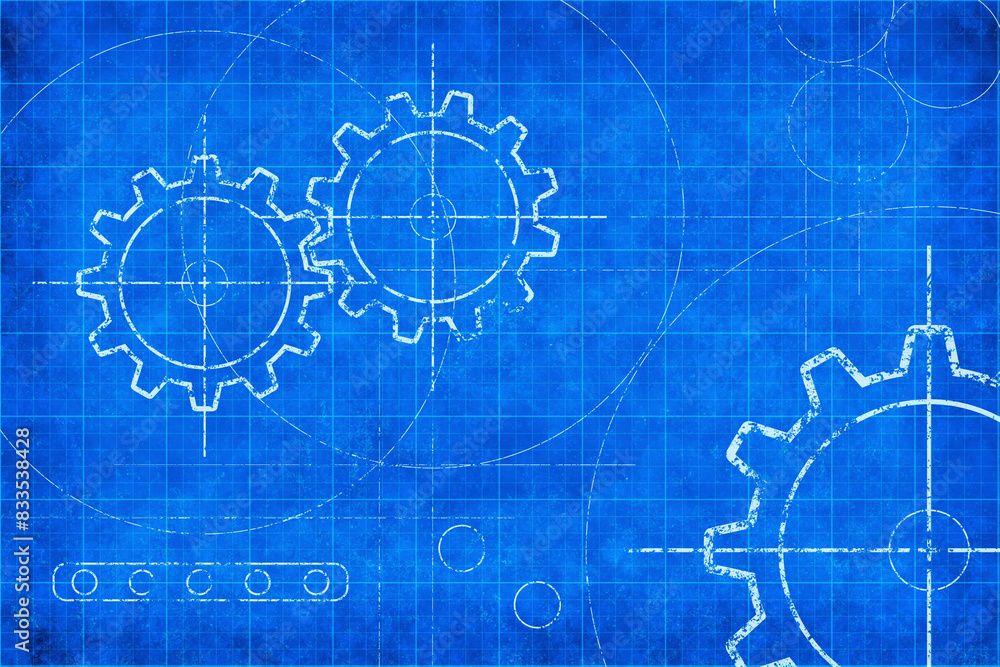 Graphic illustration of cogs on old blueprint paper. Use as layer or ...