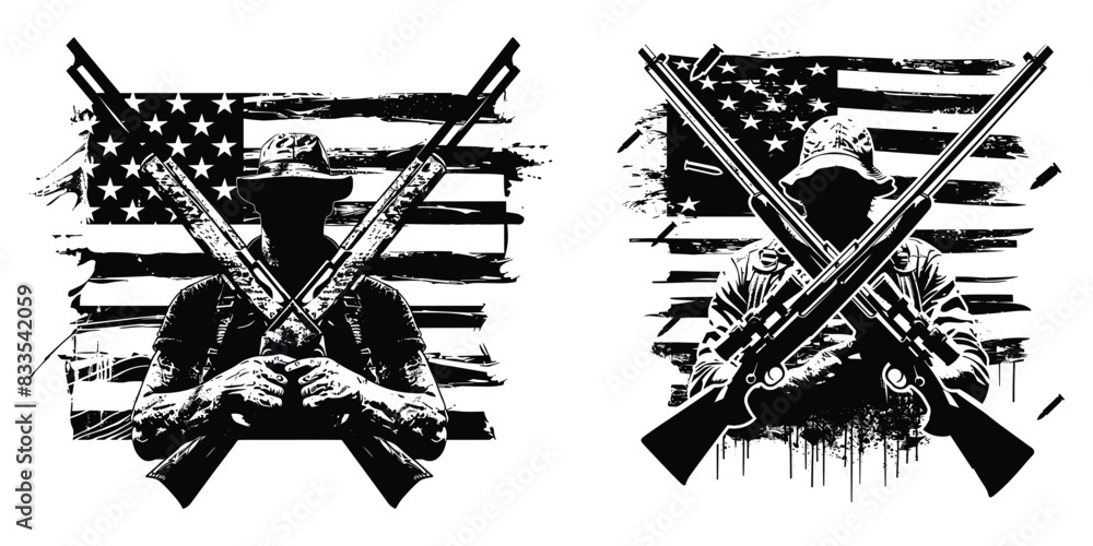 American flag. USA soldier with two crossed rifles, Design element for ...