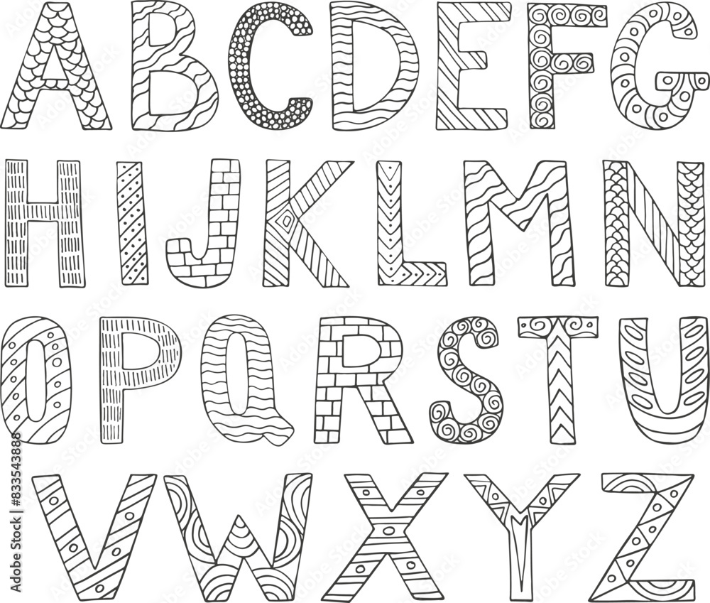 Hand drawn vector drawing of alphabet capital letters. Black and white ...