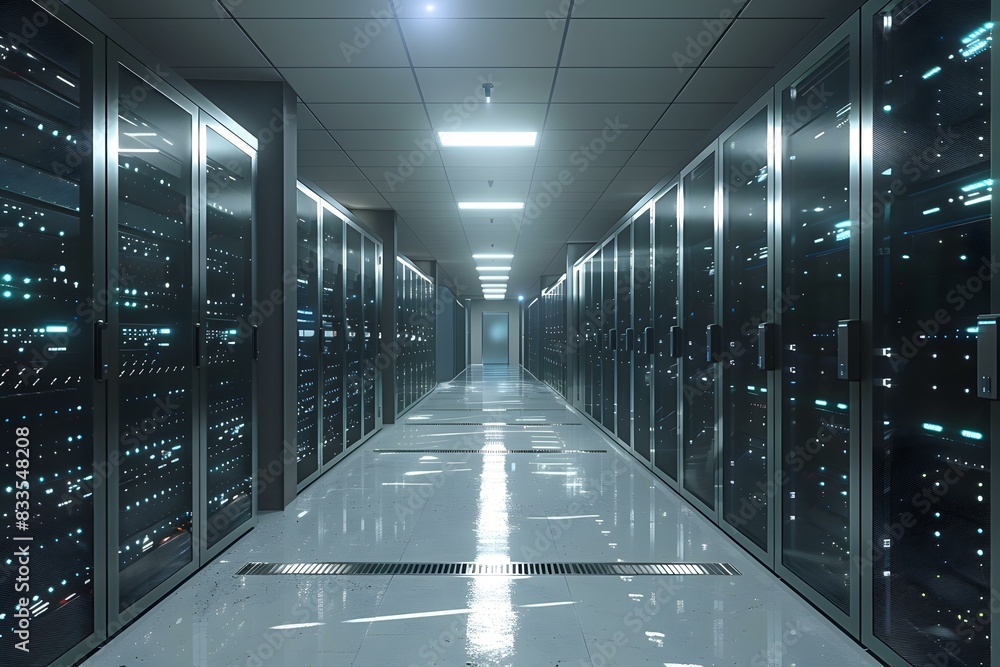 Server room with rows of server racks containing multiple server blades and hard drives for data ...