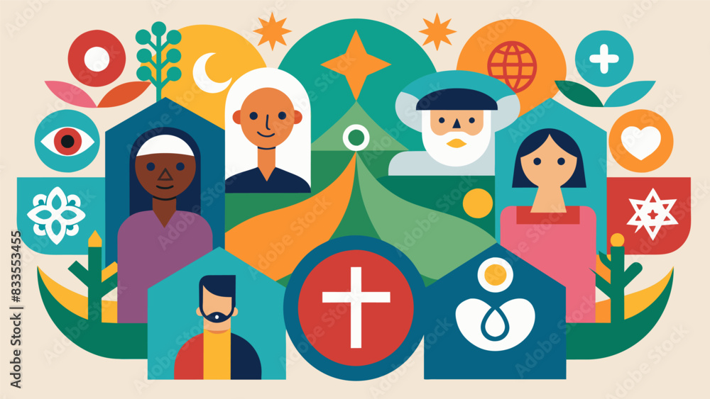 Various religious symbols are incorporated into the design highlighting ...