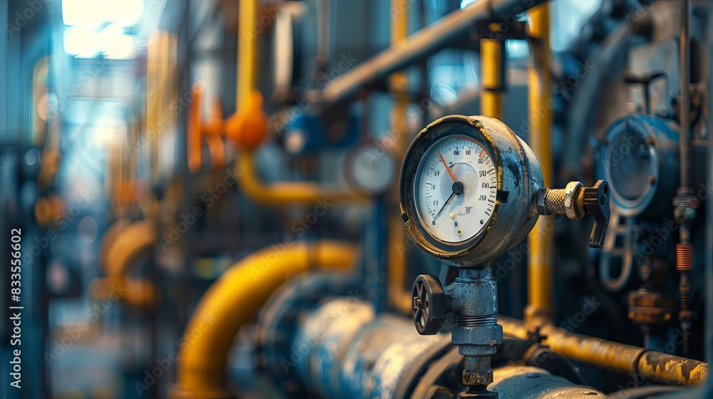 Industrial pressure gauge in a blurred factory background. Concept of ...