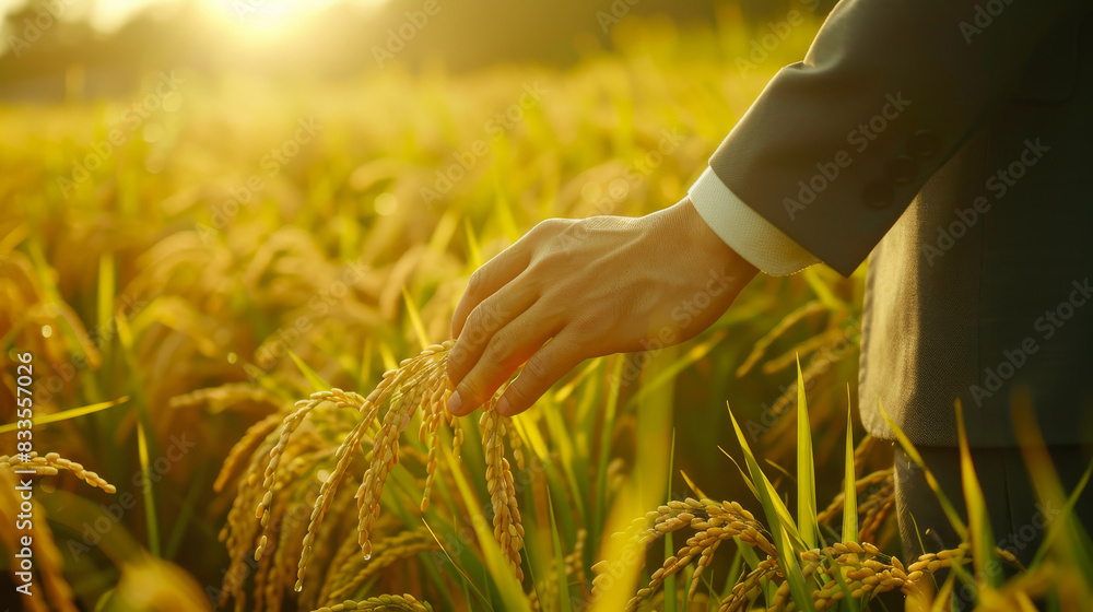 Detailed 4K photo of a person in a suit inspecting rice plants on a ...