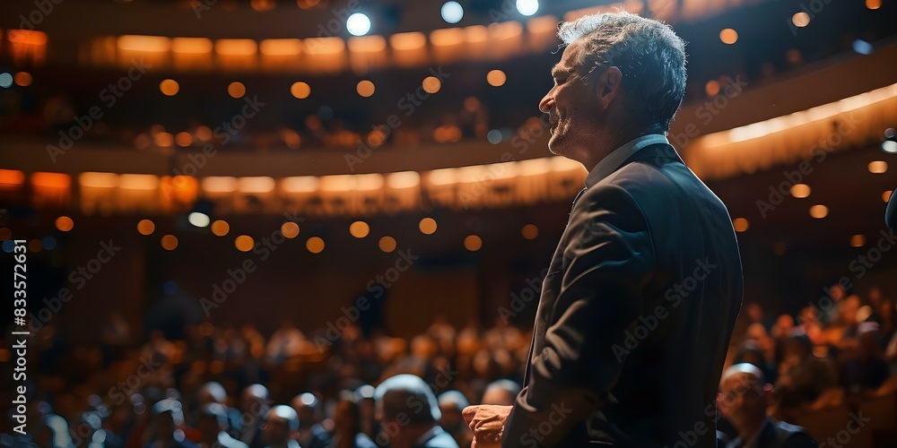 Speaker captivates audience in a crowded hall during a presentation ...