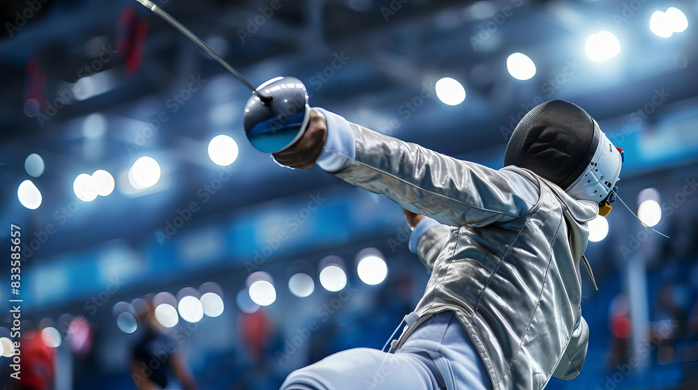 Fencer in mid-thrust, concept of precision and agility, close up ...