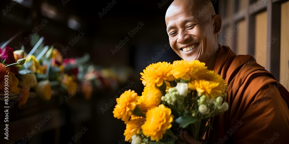Buddhist monk adorning building with flowers for Vesak celebration ...