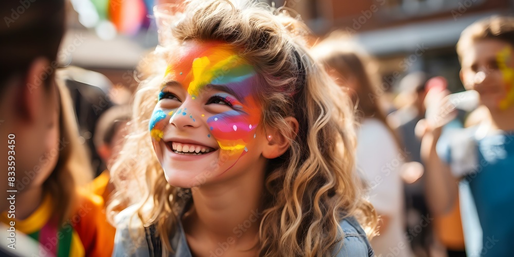 Kids and adults at an LGBTQ pride event enjoying face painting. Concept ...