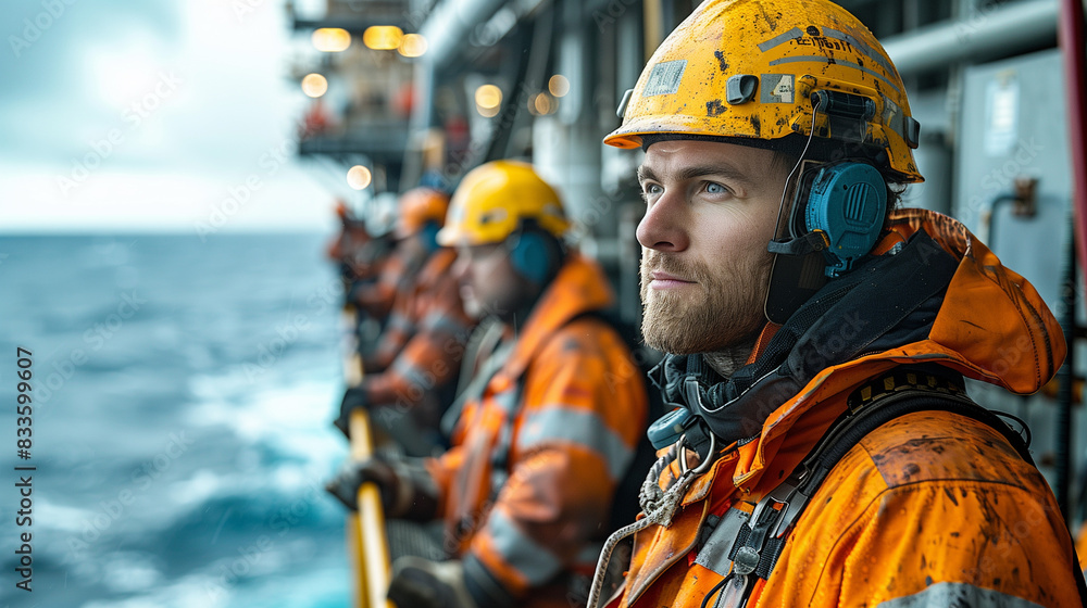 Oil workers, wearing helmets and personal protective equipment, stand ...
