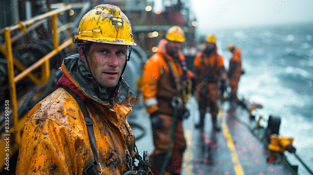 Oil workers, wearing helmets and personal protective equipment, stand ...