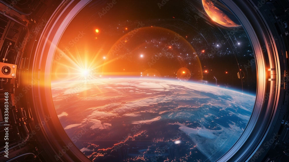 spaceship window with sunrise over planet view, space station porthole ...
