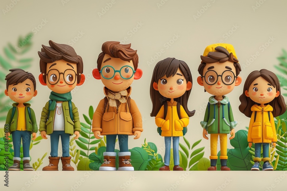 Six diverse animated children characters lined up back to back, facing ...