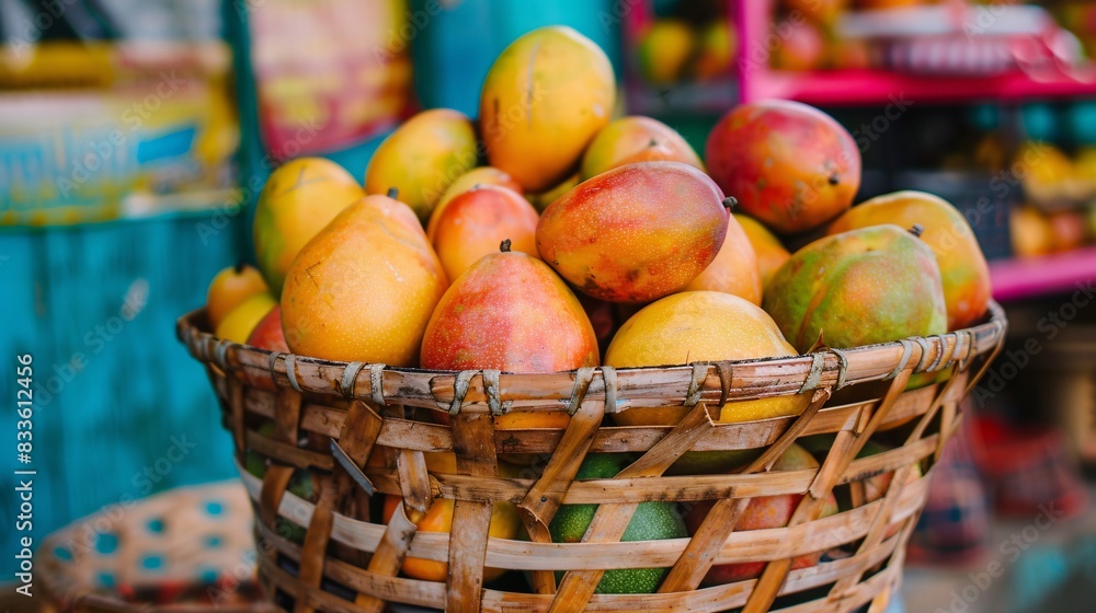 Mangoes in a woven basket, outdoor market setting, vibrant colors ...