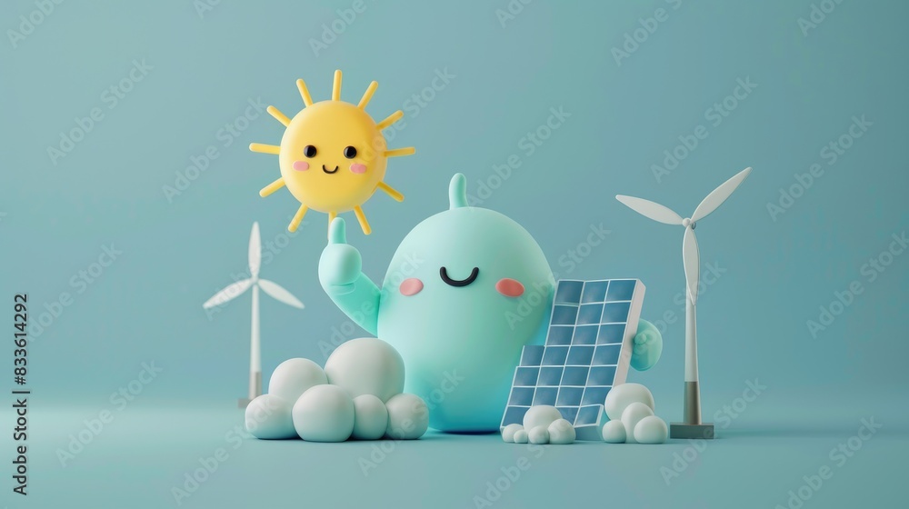 3D cartoon character next to a solar panel and wind turbine, with a ...
