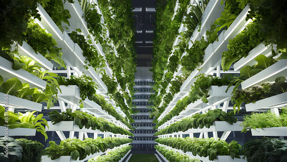Vertical farm facility, showcasing rows of leafy greens and herbs ...