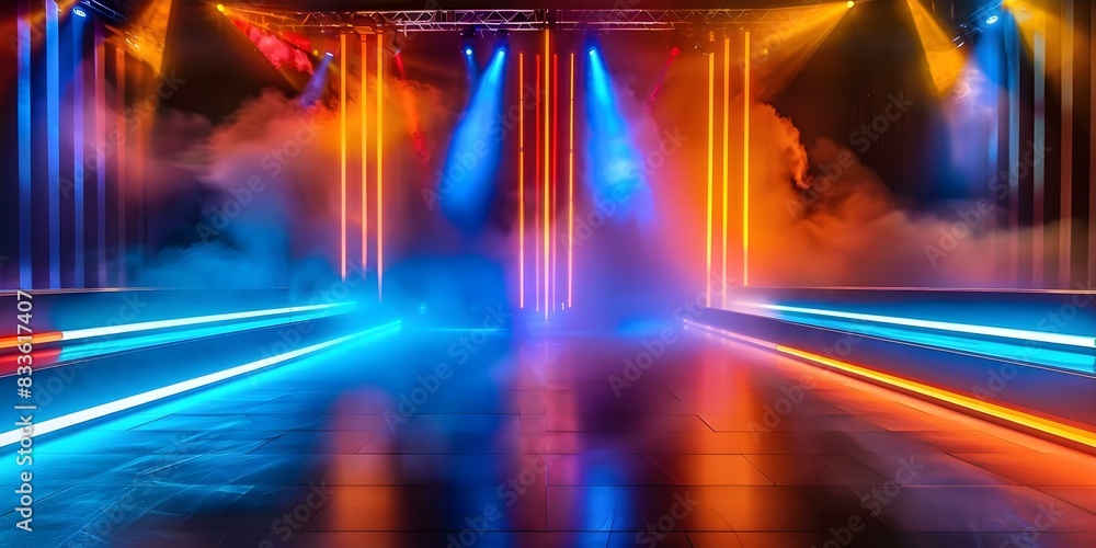 Vibrant neon lights brighten audienceless modern game show stage with ...