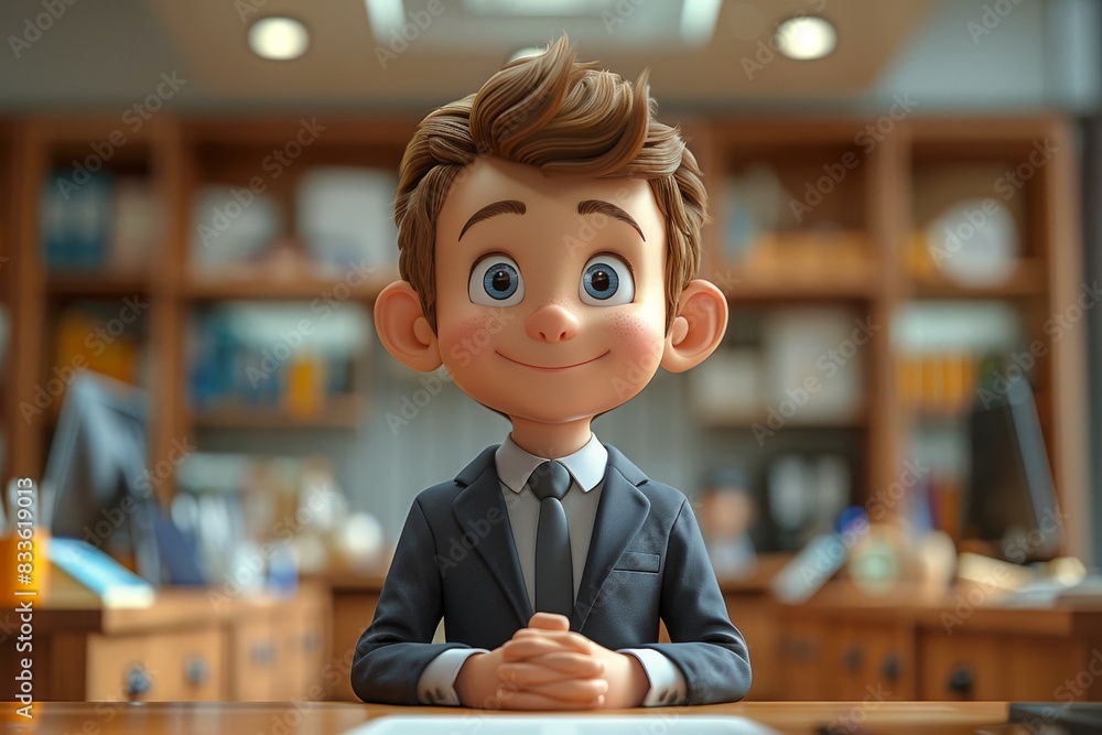 Artistic rendering of a young boy in a suit sitting confidently at an ...