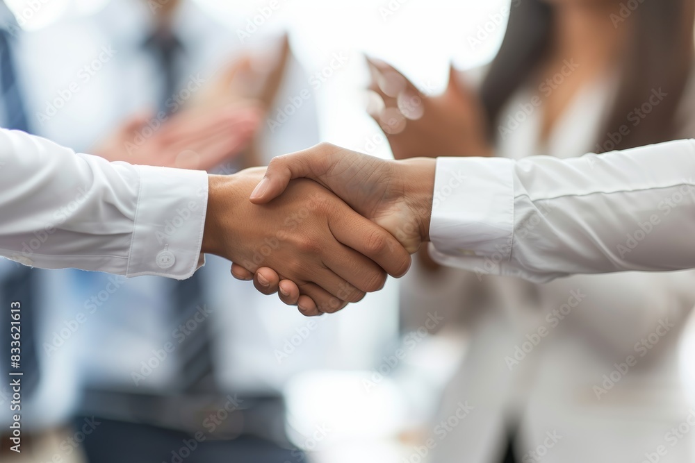 Winning, partnering, and shaking hands with businesspeople in office ...