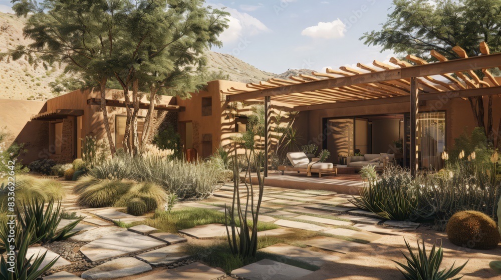 A desert house design with adobe walls, shaded patios, and xeriscaped ...