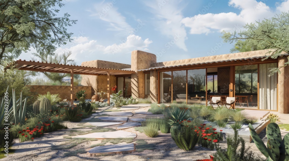 A desert house design with adobe walls, shaded patios, and xeriscaped ...
