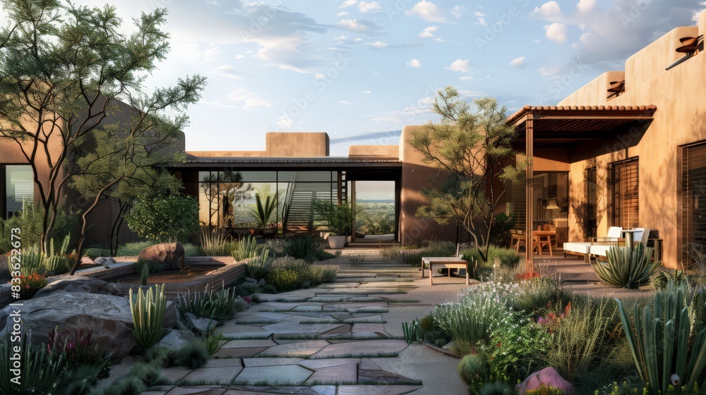 A desert house design with adobe walls, shaded patios, and xeriscaped ...