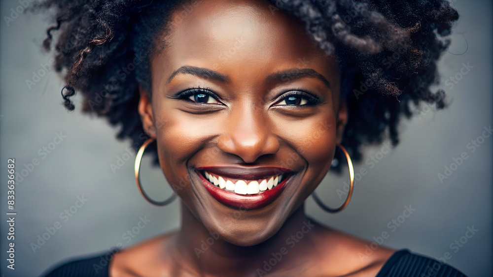 Hermosa mujer negra sonriente. Chica afro sobre fondo borroso. Primer ...