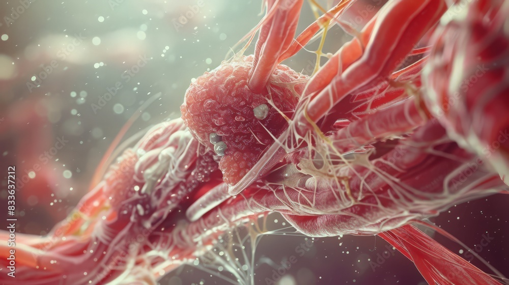 Muscle cell structure: Depict a muscle cell, with its long, fibrous ...