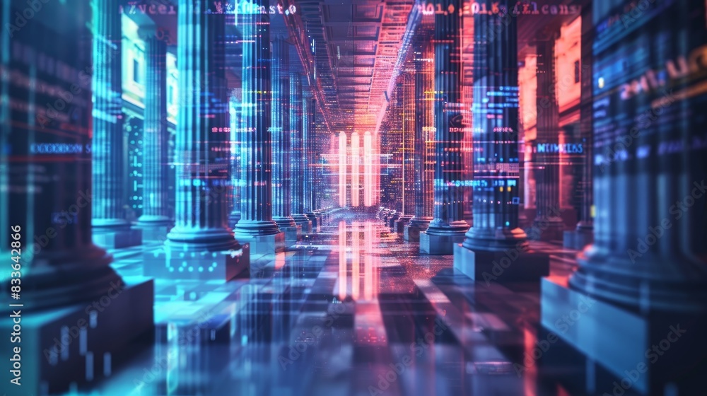 Futuristic digital corridor with glowing columns and binary code, representing the concept of ...