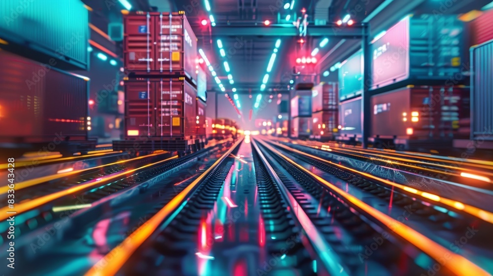 Futuristic logistics hub with vibrant neon lights, shipping containers ...