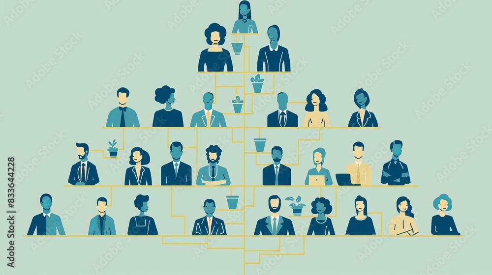 Illustrated organizational chart depicting a hierarchical structure of ...