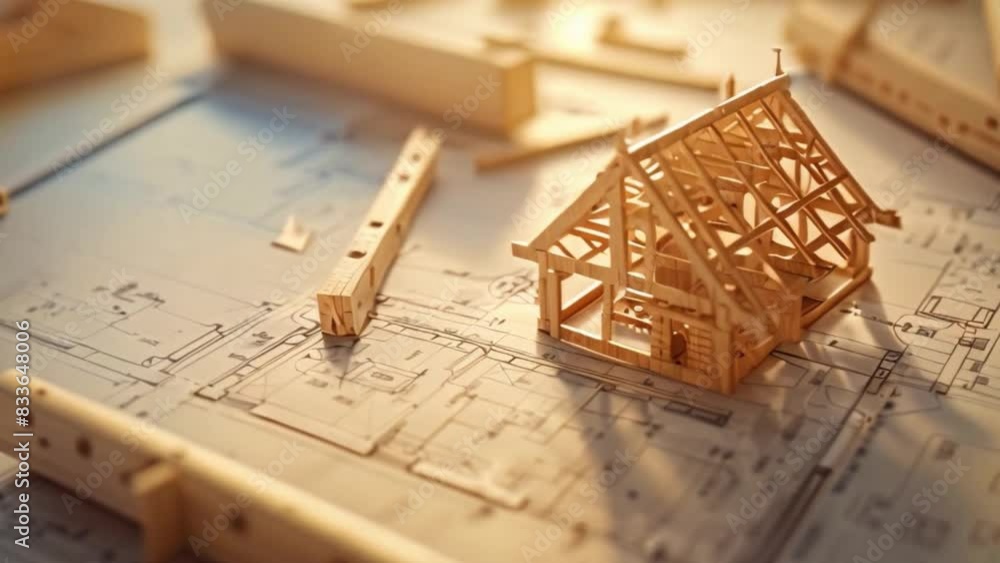 An elaborate model house sits atop a blueprint blueprint that shows how ...