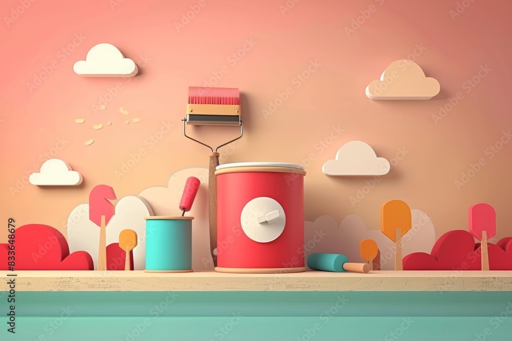 Illustrate a 3D flat render of essential painting tools a paint brush ...